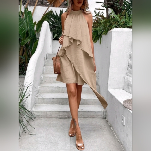 Dresses | New Chic Flowy Asymmetrical Hem Halter Dress Mini Beige Light ...